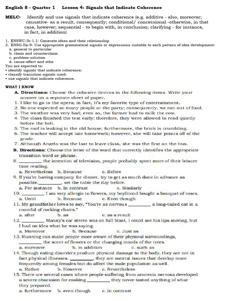English 8 Quarter 1 Lesson 4 Signals That Indicate Coherence | PDF
