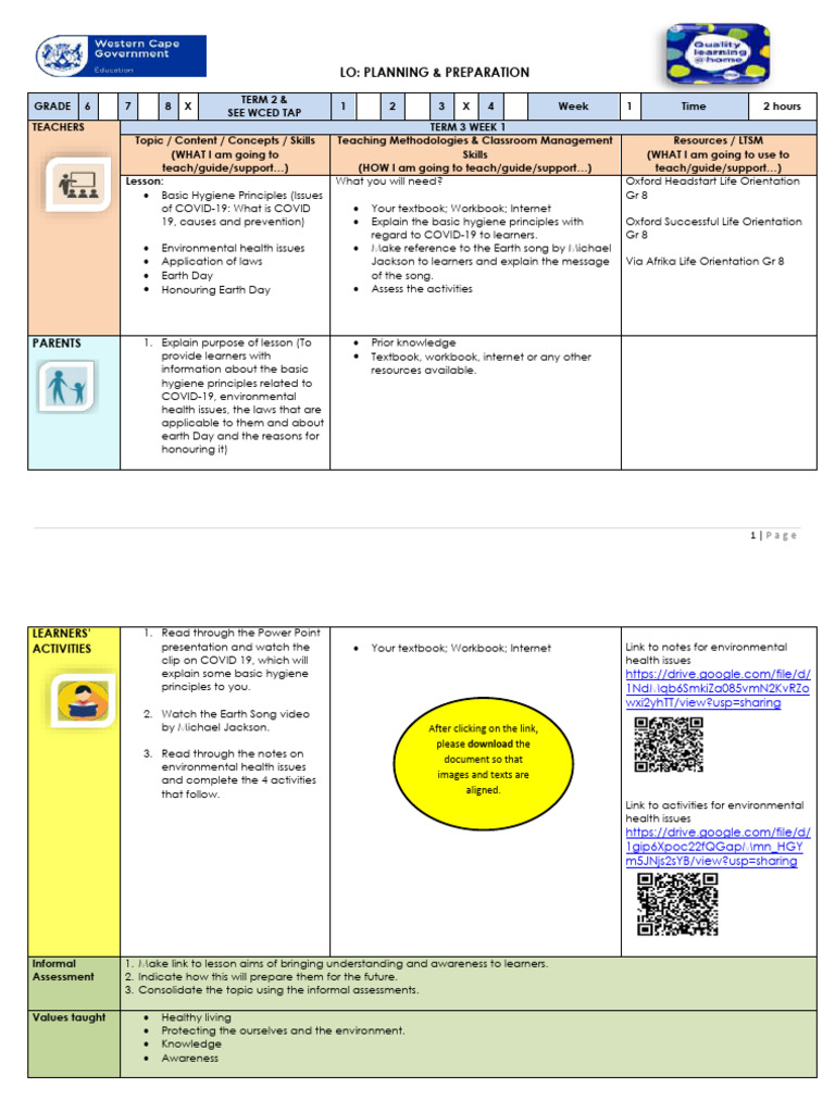 Lesson Plan Gr. 8 Life Orientation T3 W1 | PDF | Learning | Cognition