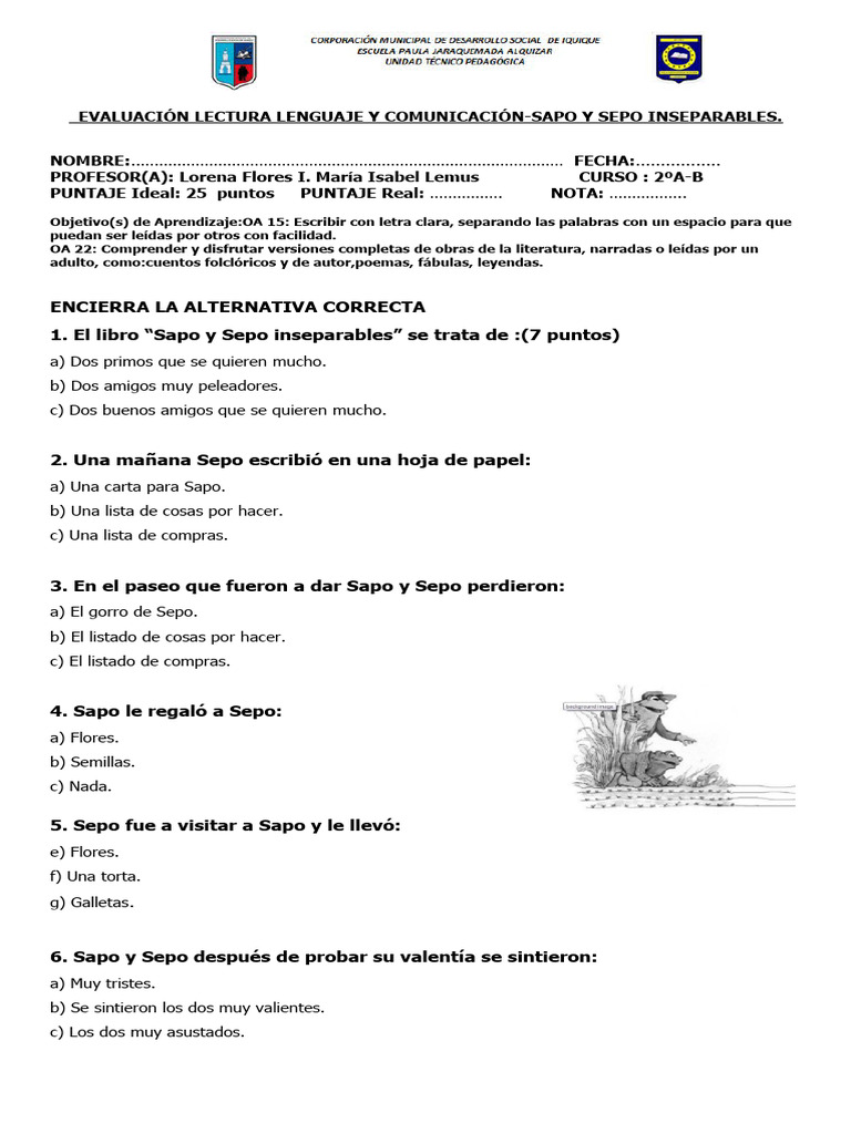 Evaluación Lectura Sapo y Sepo, Inseparables. | PDF