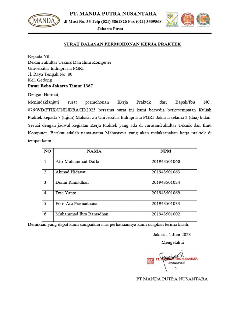 Surat Balasan PT | PDF