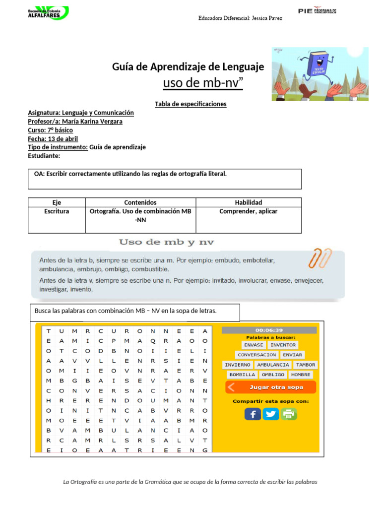 Uso de MB y NV en Ortografía Escolar | PDF