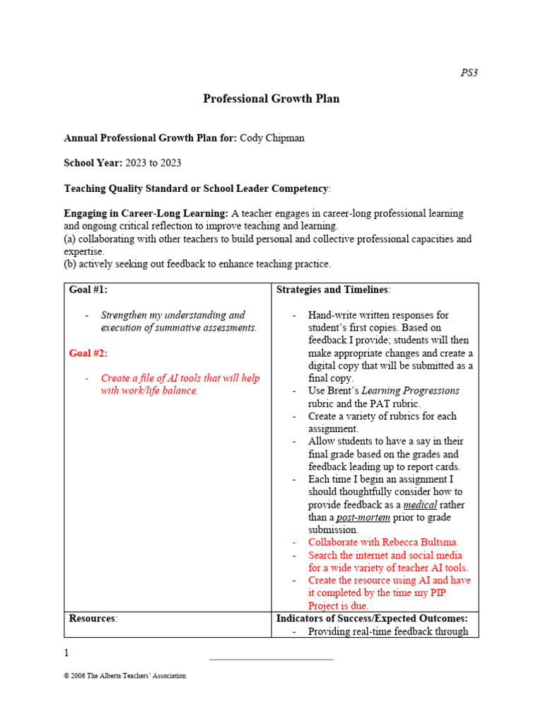 Professional Growth Plan ps3 | PDF | Teachers | Learning