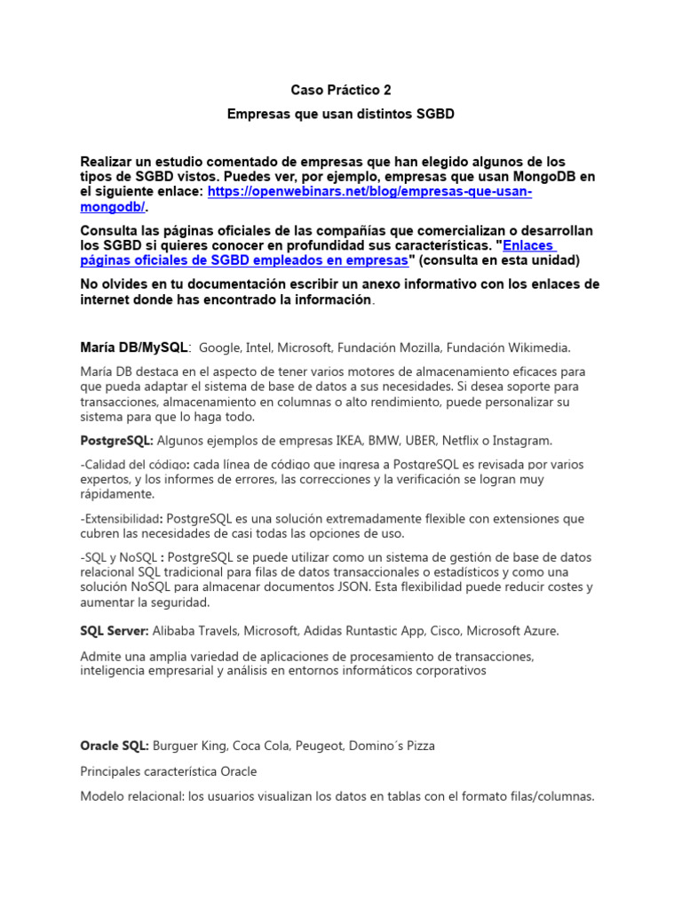 Empresas y SGBD: Casos de Uso | PDF | Bases de datos | No Sql