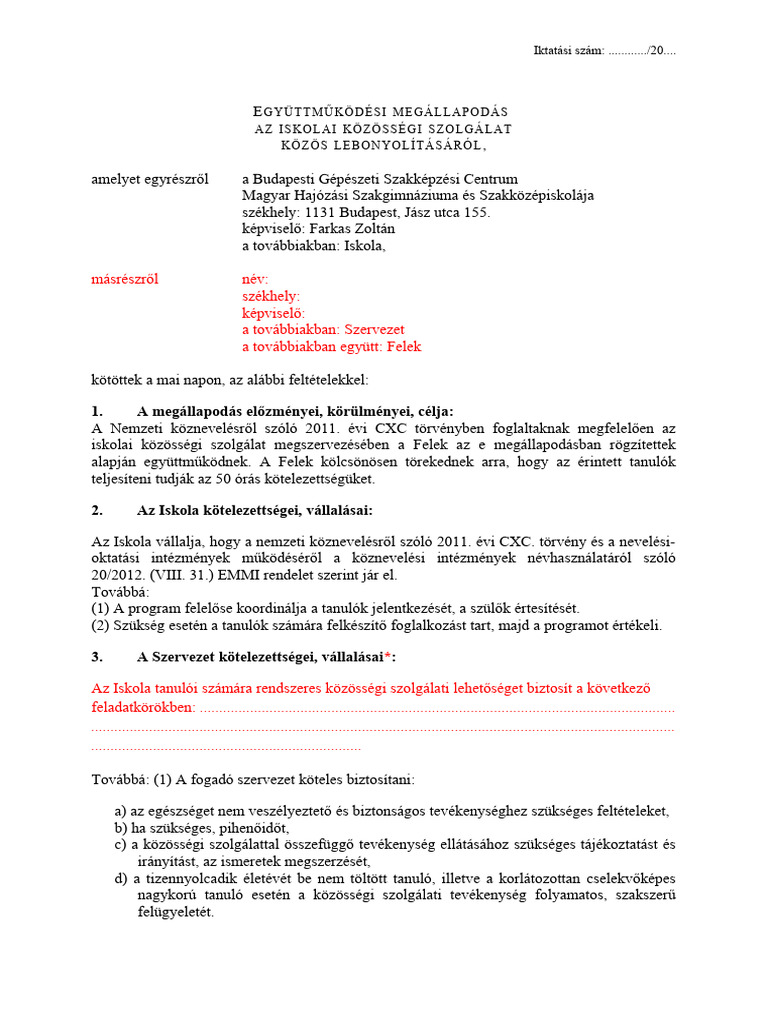 Együttműködési Megállapodás Sablon 2016 2017 | PDF