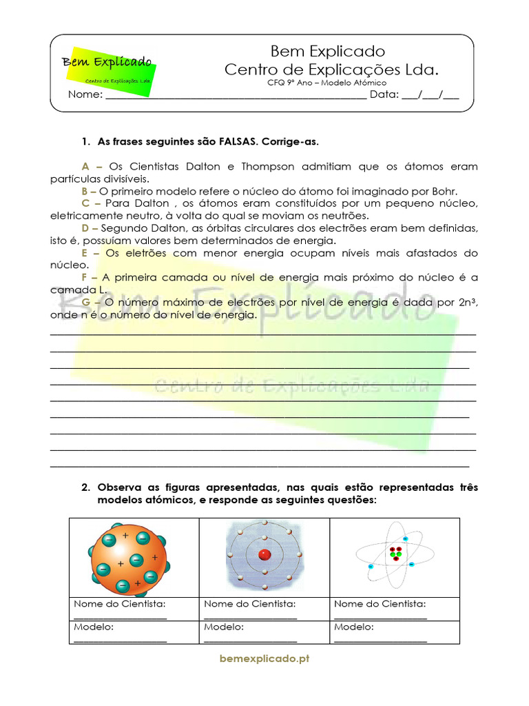 Ficha Modelos Atómicos 9ºano | PDF | Átomos | Núcleo atômico
