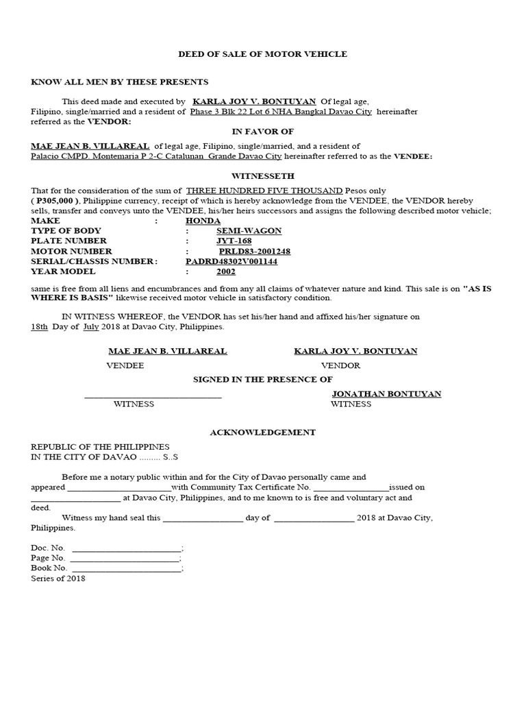 Motor Vehicle Sale Deed Template | PDF | Natural Resources Law ...