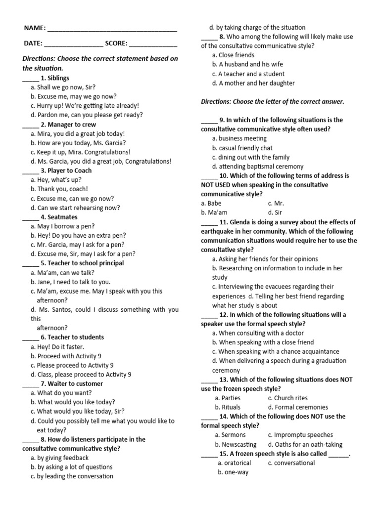 Grade 9 Communicative Styles Quiz | PDF