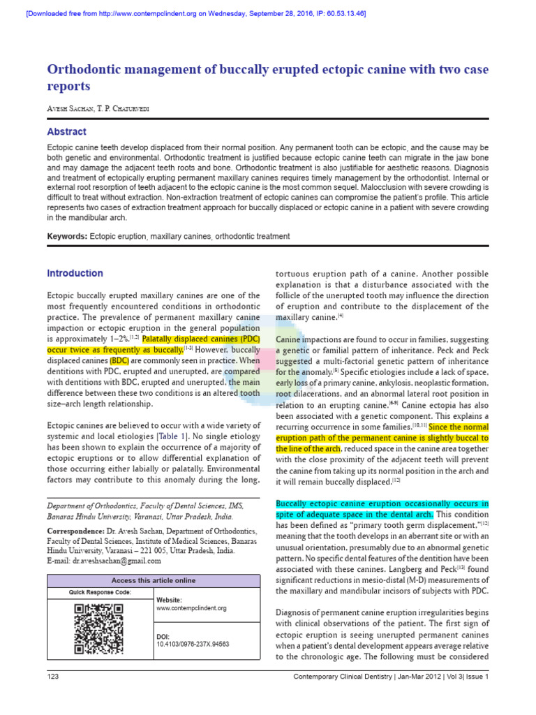 Orthodontic Management of Buccally Erupted Ectopic | PDF | Orthodontics ...