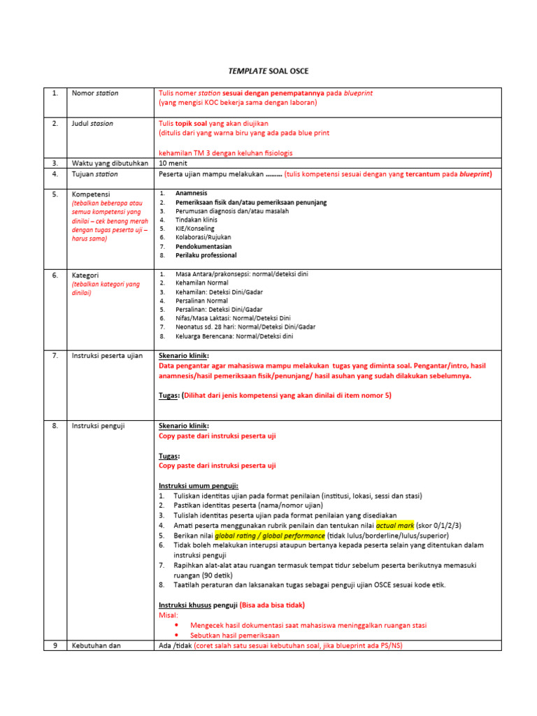 Template Soal & Rubrik Penilaian OSCE | PDF