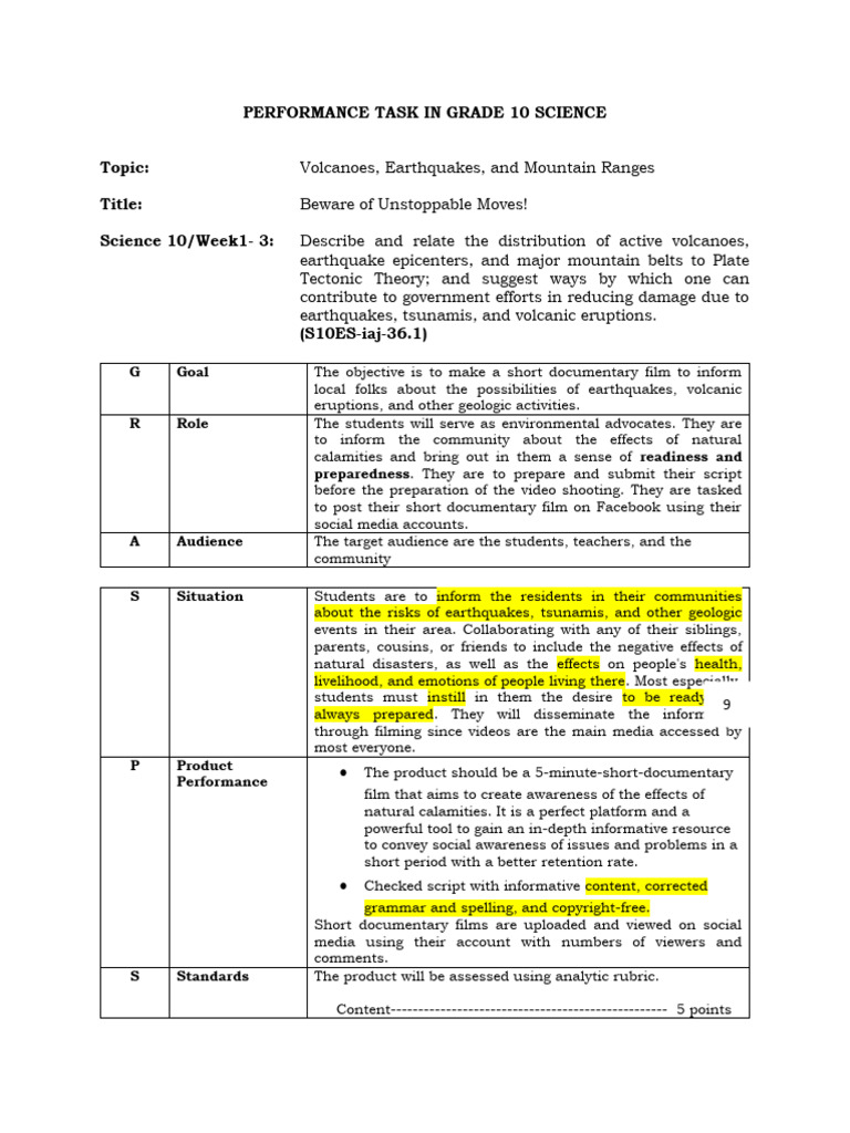 PERFORMANCE TASK IN GRADE 10 SCIENCE Quarter 1 | PDF | Earthquakes | Volcano