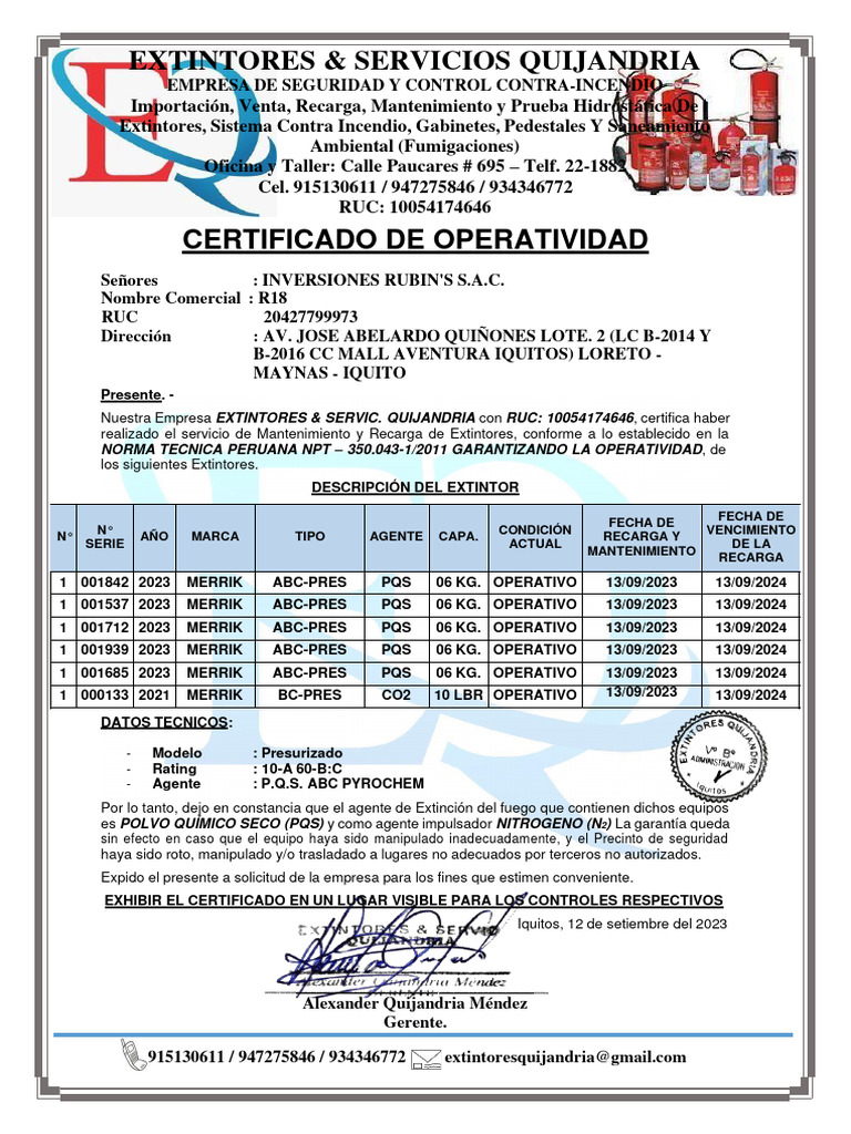Certificado Exstintores TL6 | PDF | Tecnología