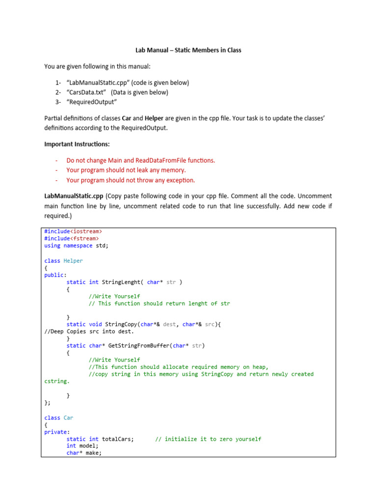 15.2 - Lab Manual - Static Members in Class | PDF | Software Development | Systems Engineering