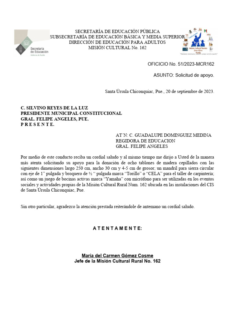 Oficio 51 2023 SOLICITUD HERRAMIENTA Y BOCINA | PDF