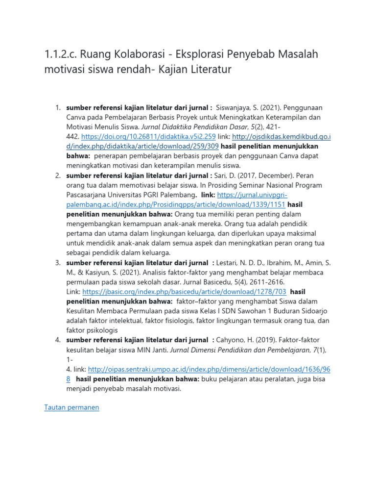 1.1.2.c. Ruang Kolaborasi - Eksplorasi Penyebab Masalah Motivasi Siswa Rendah - Kajian Literatur ...