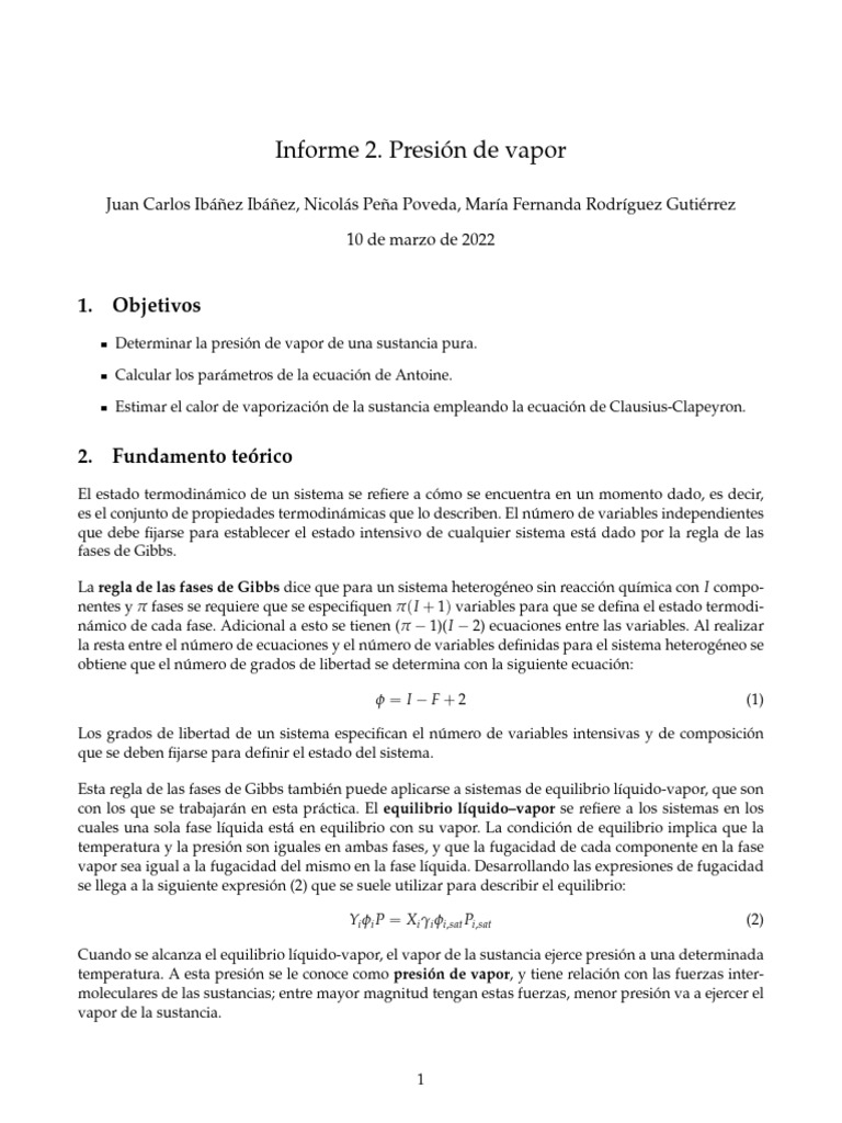 Informe 2 Presi n de Vapor | PDF | Vapor | Equilibrio químico