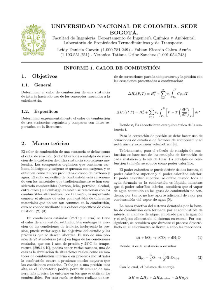 Informe 1 Calor de Combustión | PDF | Combustión | Calor