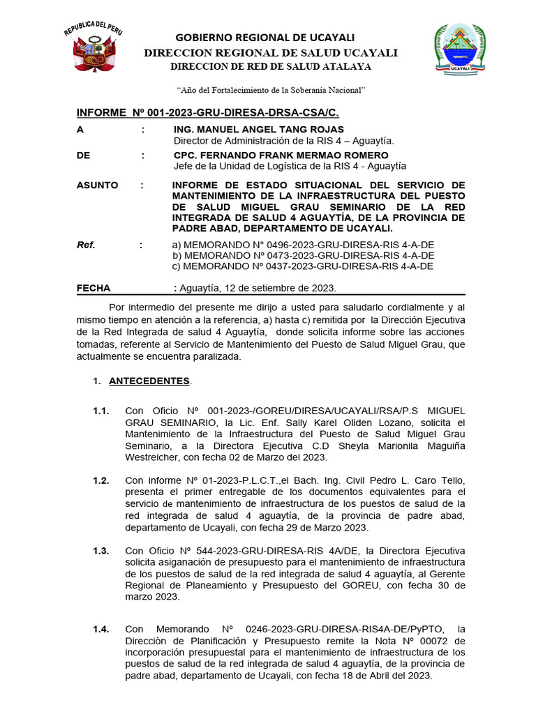INFORME TECNICO N°001-C.S ATALAYA-desabastecimiento Inminiente | PDF | Economias