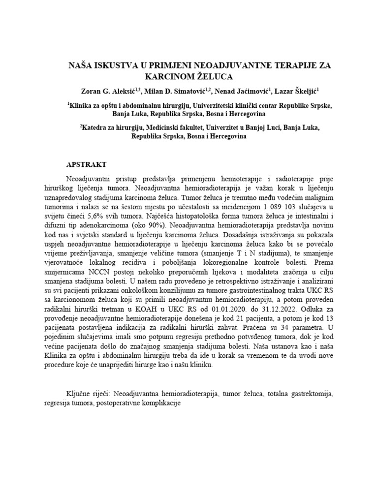 NAŠA ISKUSTVA U PRIMJENI NEOADJUVANTNE TERAPIJE ZA KARCINOM ŽELUCA | PDF