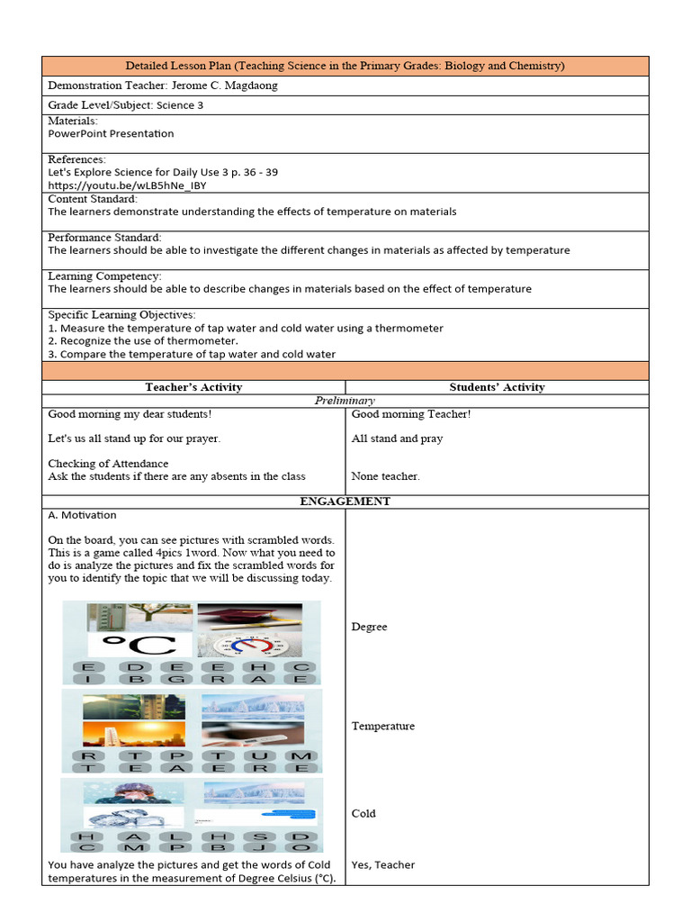 Lessonplan (Science) | PDF | Temperature | Thermometer