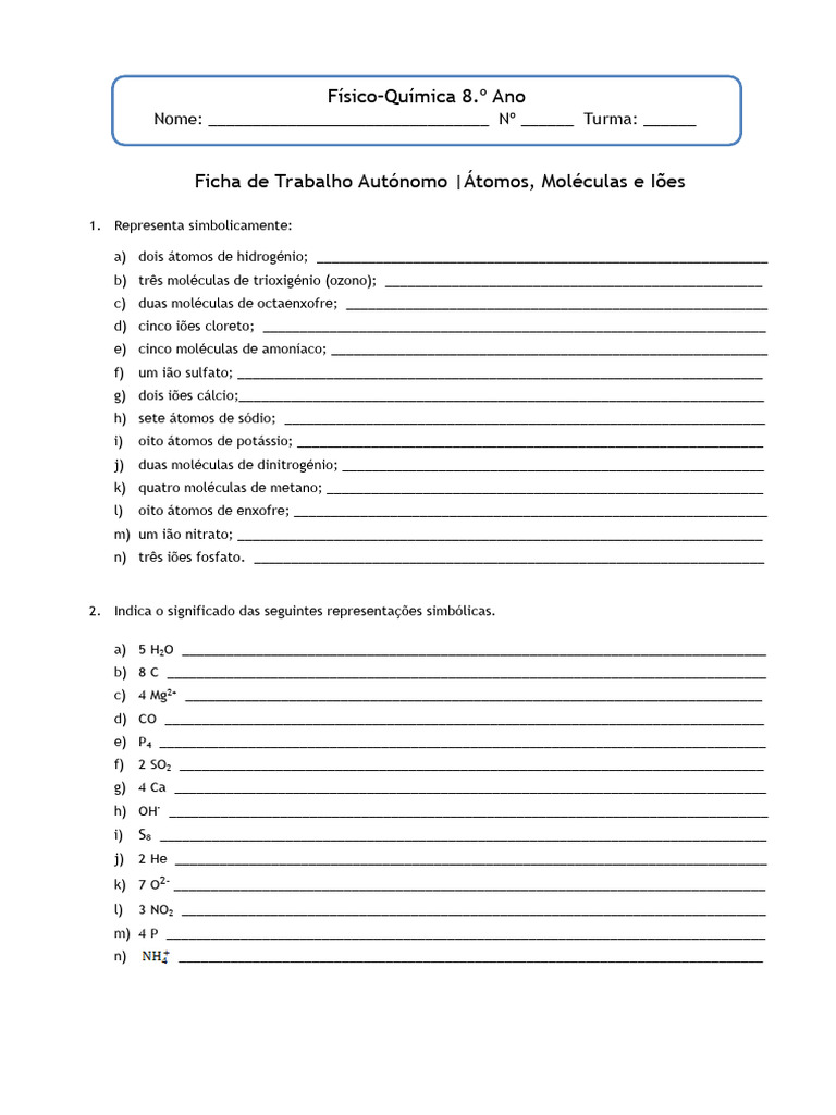 Ficha Atomos e Iõs 8ºano | PDF | Átomos | Íon
