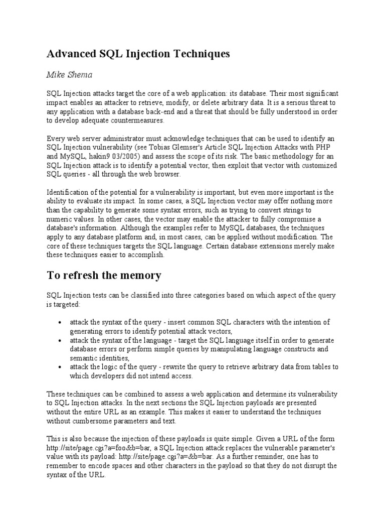 Advanced SQL Injection Techniques | PDF | Sql | Php