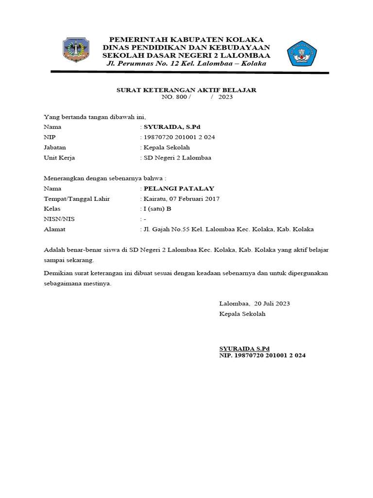 Surat Keterangan Belajar | PDF