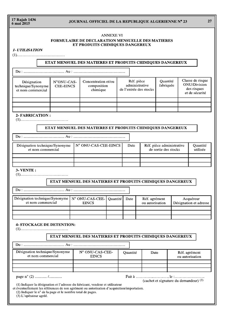 Formulaire de Déclaration Monsuelle Des Matières Chimiques Dangreuses | PDF