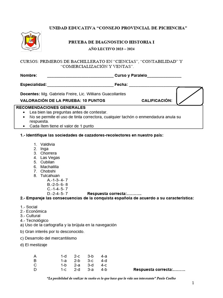 Evaluación Diagnostica Historia 1 2023-2024 | PDF | Ecuador | Comunidad ...