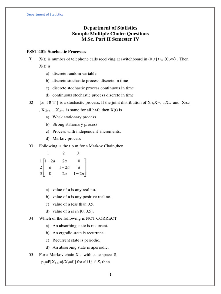 Sample MCQ Stats | PDF | Estimator | Markov Chain