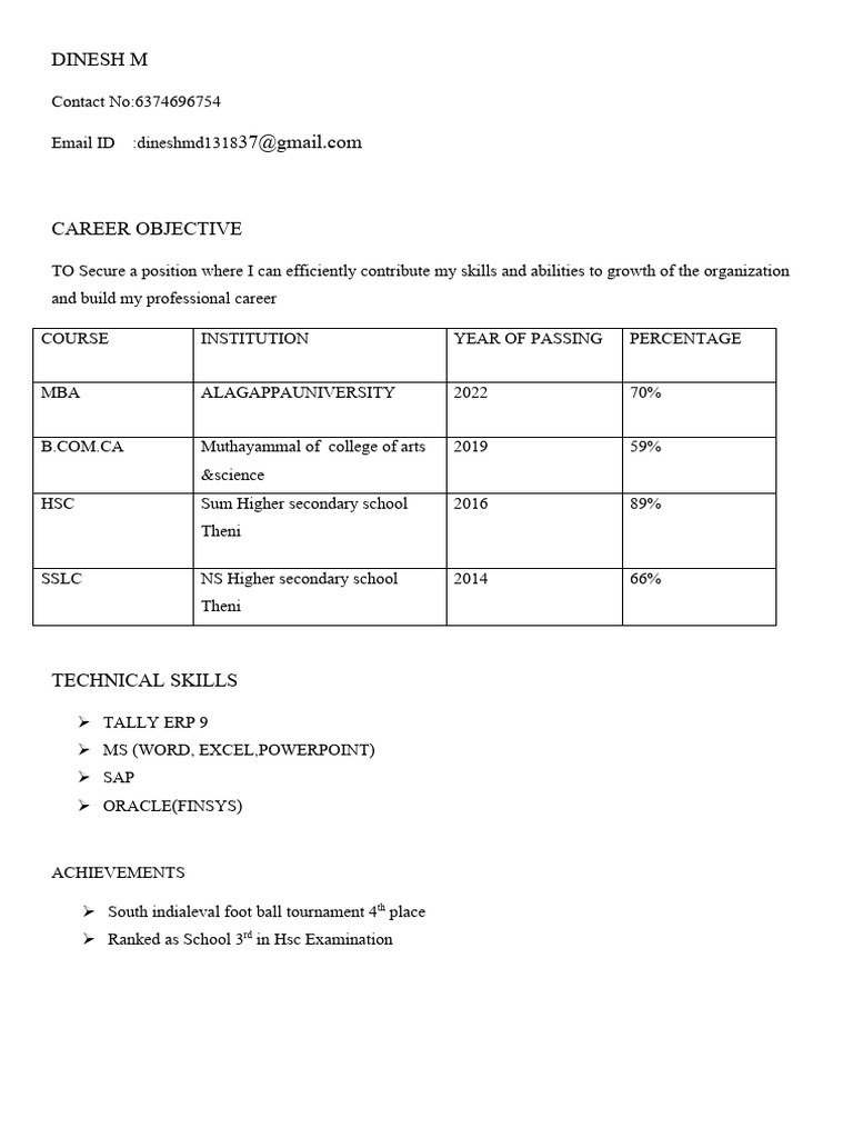 Dinesh M - MBA Graduate Resume | PDF