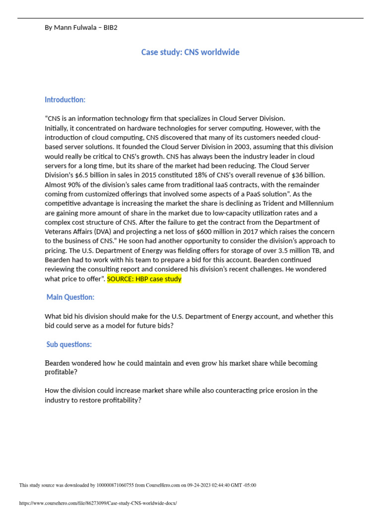 Case Study CNS Worldwide | PDF | Prices | Cloud Computing