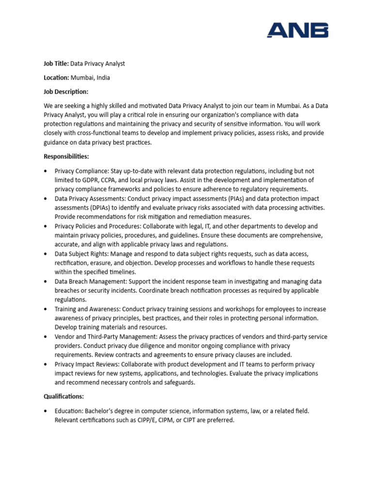 Job Description - Data Privacy Analyst | PDF | Privacy | Computer Security