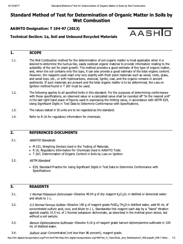T 194-97 (2013) Determination of Organic Matter in Soils by Wet ...