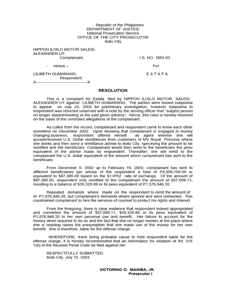 Estafa Complaint Resolution: Gumarang Case | PDF | Government ...