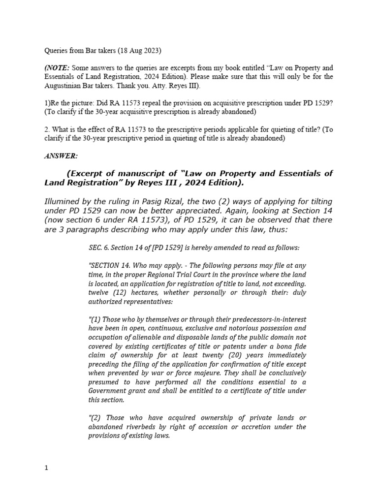 Queries From Bar Takers - 18aug23 | PDF | Psychiatry | Private Law