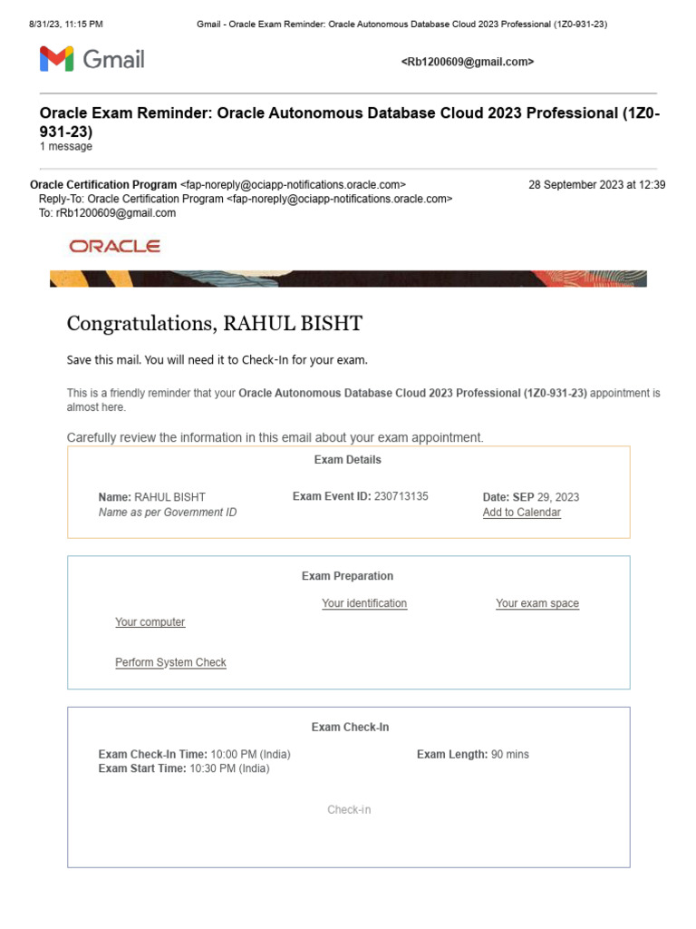 Gmail - Oracle Exam Reminder - Oracle Autonomous Database Cloud 2023 Professional (1Z0-931-23) | PDF