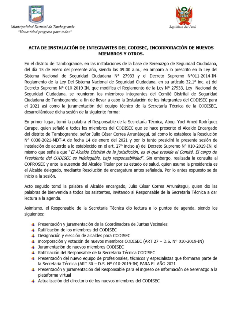 Acta de Intalación Del Codisec | PDF | Alcalde | Gobierno local