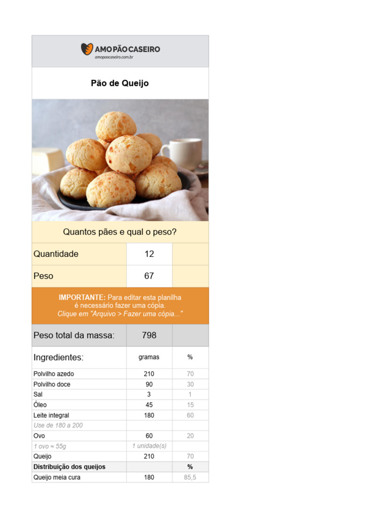 Pão de Queijo - Lista de Ingredientes (Amo Pão Caseiro) | PDF