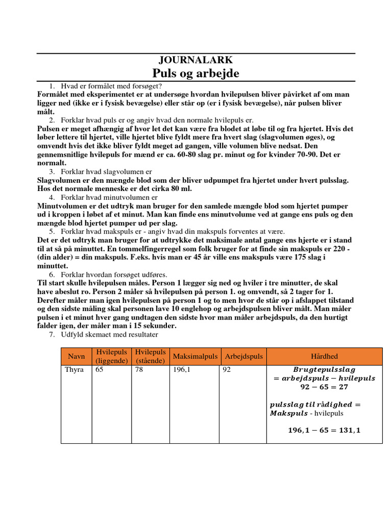 Puls Og Arbejde Journalark | PDF