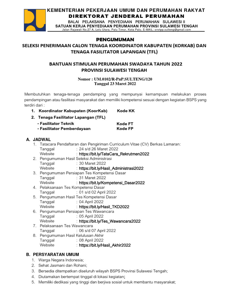 Pengumuman Rekrutmen Calon Fasilitator Bsps 2022 Sulteng | PDF