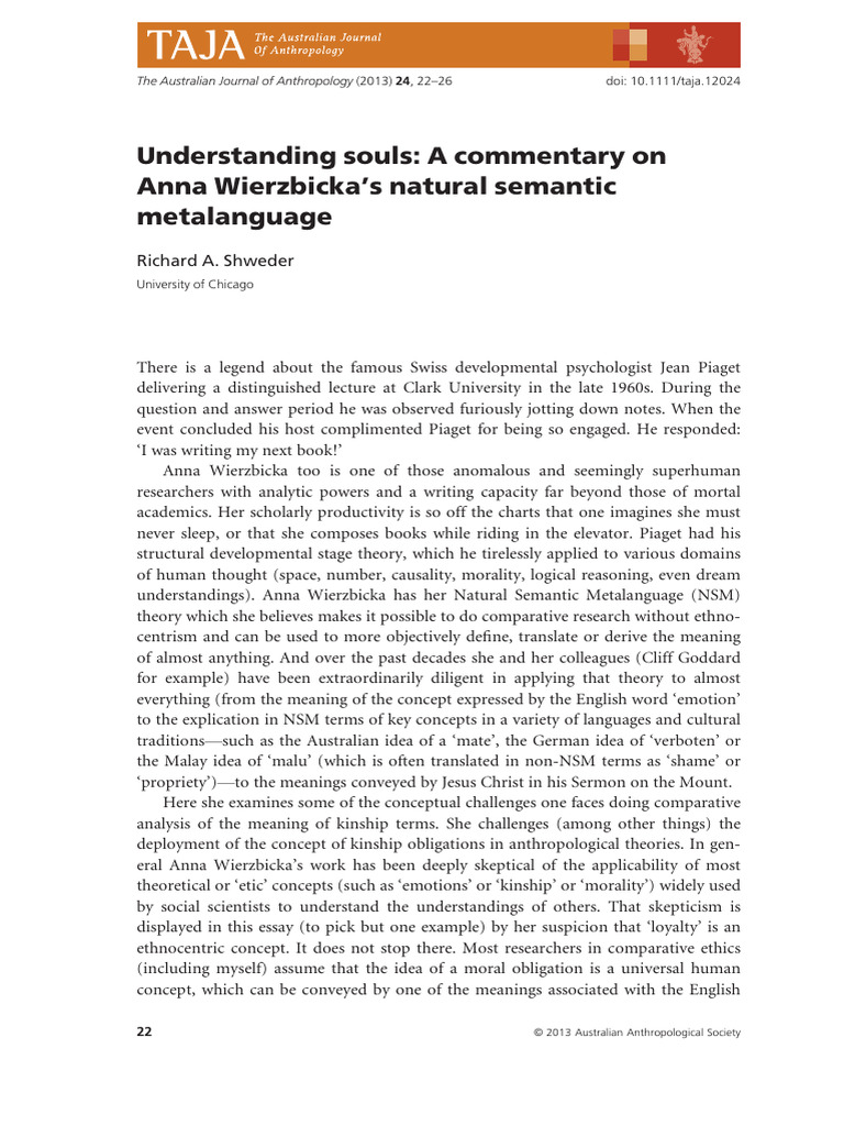 Understanding Souls, A Commentary On Anna Wierzbicka's Natural Semantic ...