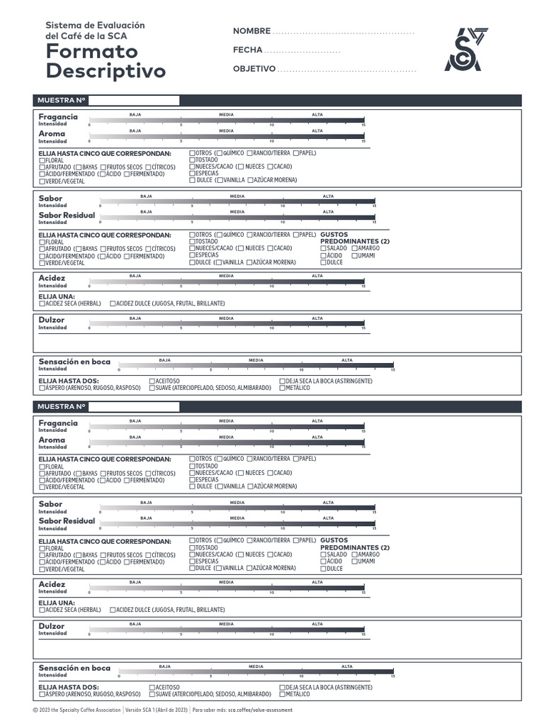EDC_Nueva Hoja de Cata SCA_Cupping Form_Spanish_Descriptivo | PDF ...