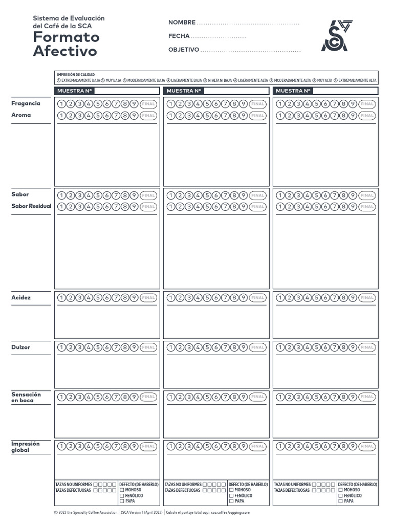 EDC - Nueva Hoja de Cata SCA - Cupping Form - Spanish - Afectivo | PDF ...