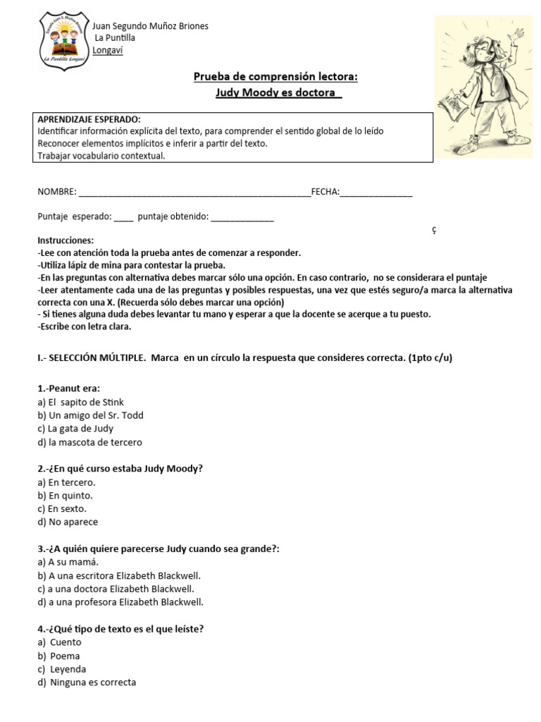 Prueba de Judy Moody: Comprensión Lectora | PDF | Relaciones personales ...