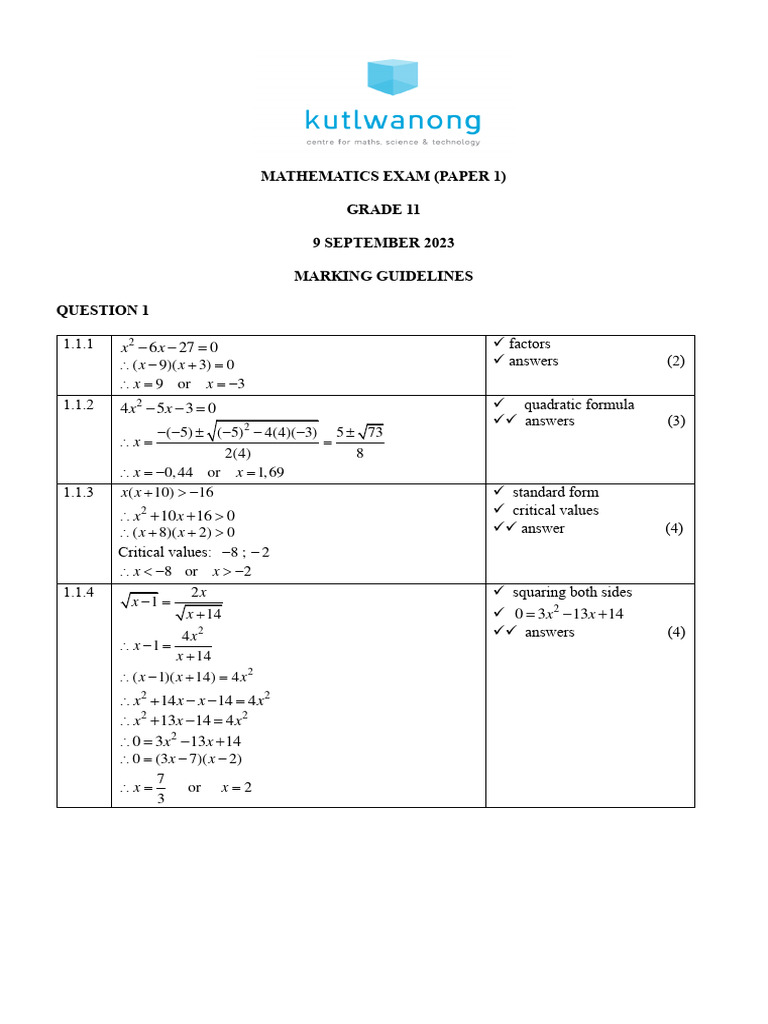 Grade 11 Mathematics Exam P1 Memo (23 September 2023) | PDF
