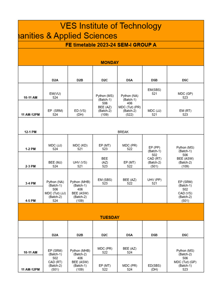 VESIT FE Timetable 2023-24 SEM-I | PDF | Physical Sciences | Engineering