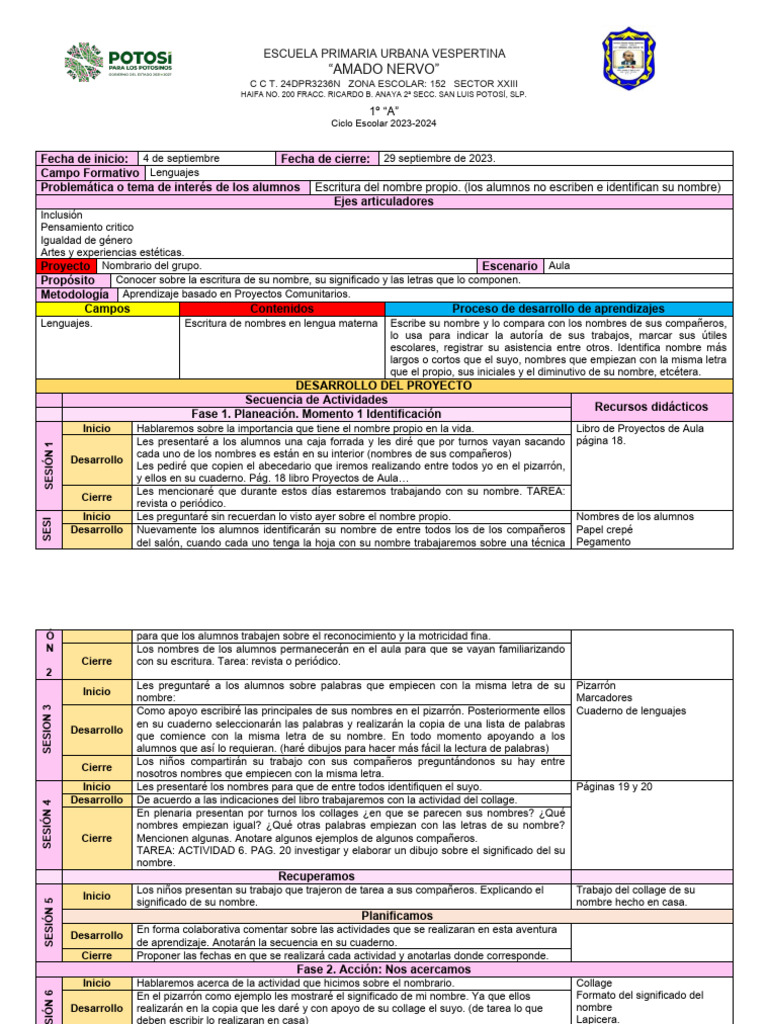 Planeación Del Proyecto El Nombrario. | PDF | Aprendizaje