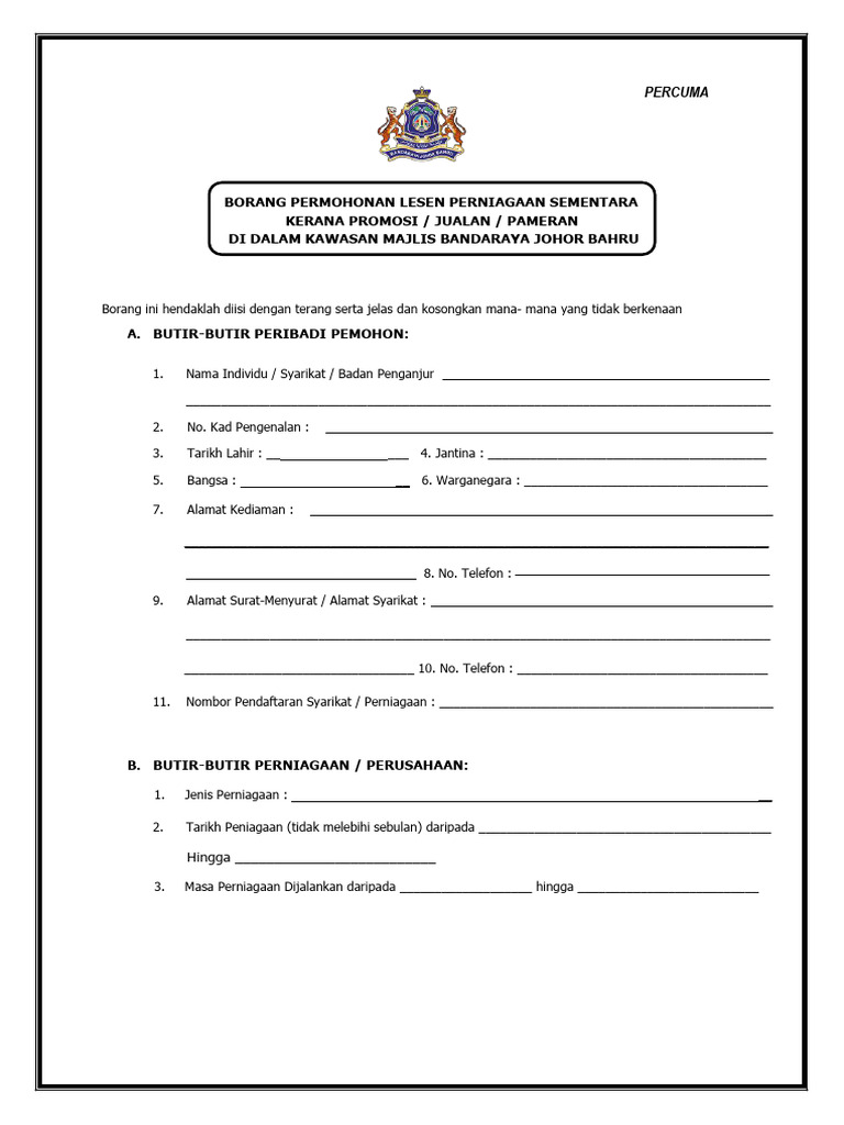 A5) Borang Permohonan Lesen Perniagaan Sementara Kerana Promosi, Jualan ...