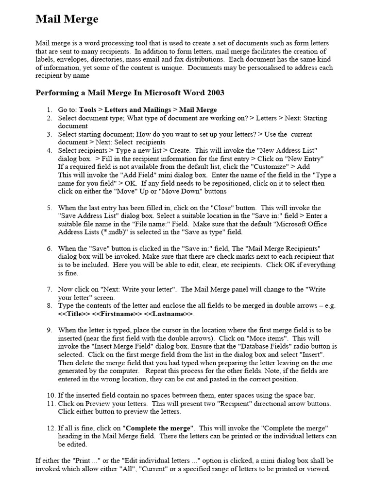 Mail Merge Steps in Word 2003 | PDF | Mail | Computer File