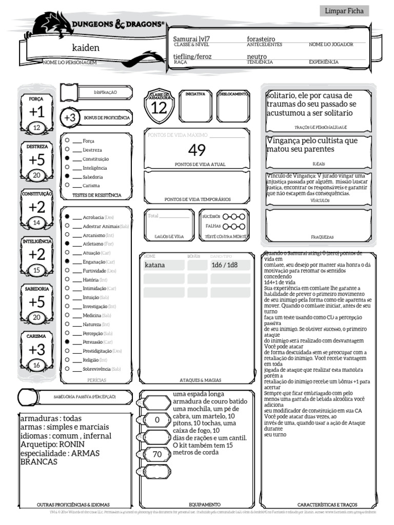 DeD Ficha Pronta de Kaiden | PDF